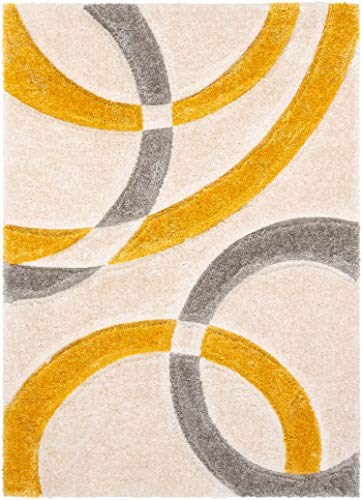 Well Woven Olly Yellow Geometric Stripes Thick Soft Plush 3D Textured Shag Area Rug 8x10 (7'10" x 9'10")