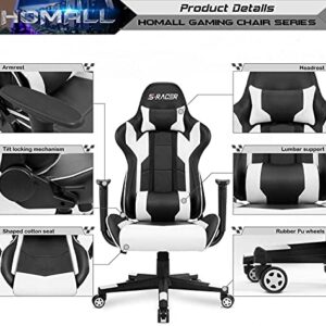 Homall Gaming Chair, Office Chair High Back Computer Chair Leather Desk Chair Racing Executive Ergonomic Adjustable Swivel Task Chair with Headrest and Lumbar Support (White)