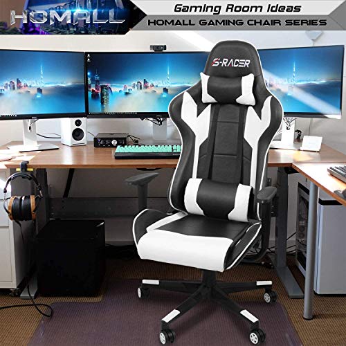 Homall Gaming Chair, Office Chair High Back Computer Chair Leather Desk Chair Racing Executive Ergonomic Adjustable Swivel Task Chair with Headrest and Lumbar Support (White)