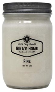 nika’s home pine soy candle 12oz mason jar non-toxic white soy candle-hand poured candle- handmade, long burning 50-60 hours highly scented all natural, clean burning large candle gift décor