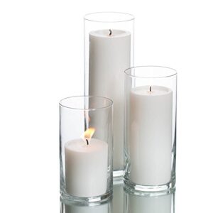 set of 3 glass eastland cylinder vases and 3 richland white pillar candles 3″