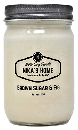 Nika's Home Brown Sugar & Fig Soy Candle 12oz Mason Jar Non-Toxic White Soy Candle-Hand Poured Handmade, Long Burning 50-60 Hours Highly Scented All Natural, Clean Burning Candle Gift Décor