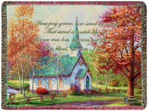 manual amazing grace tapestry throw with quote, chapel in the woods by thomas kinkade, 60 x 50-inch