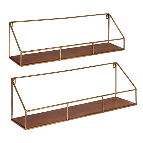 Kate and Laurel Westland 2-Pack Wood and Metal Floating Wall Shelves, Walnut Brown and Gold