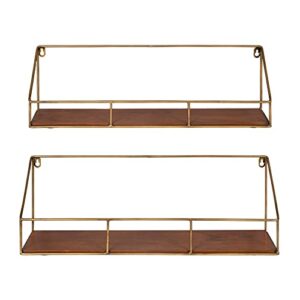 Kate and Laurel Westland 2-Pack Wood and Metal Floating Wall Shelves, Walnut Brown and Gold