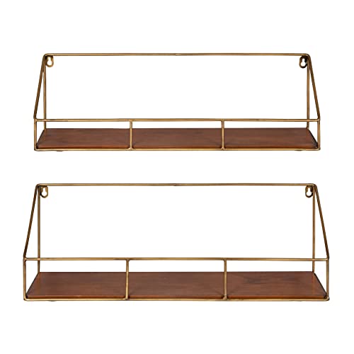 Kate and Laurel Westland 2-Pack Wood and Metal Floating Wall Shelves, Walnut Brown and Gold