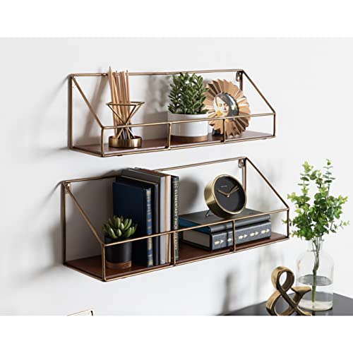 Kate and Laurel Westland 2-Pack Wood and Metal Floating Wall Shelves, Walnut Brown and Gold