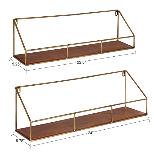 Kate and Laurel Westland 2-Pack Wood and Metal Floating Wall Shelves, Walnut Brown and Gold