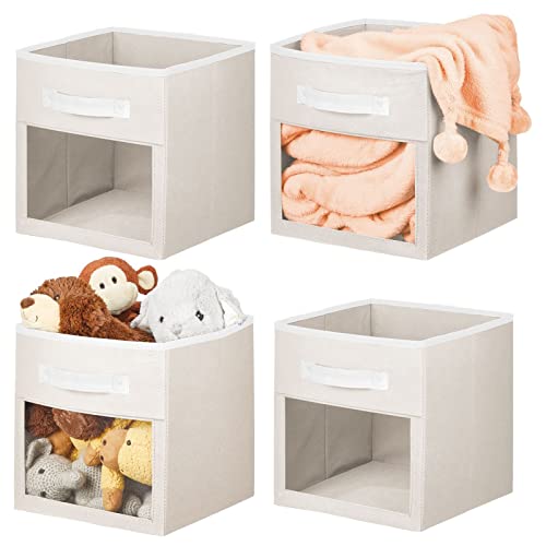 mDesign Fabric Nursery/Playroom Closet Storage Organizer Bin Box with Front Handle/Window for Cube Furniture Shelving Units, Hold Toys, Clothes, Diapers, Bibs, Jane Collection, 4 Pack - Cream/White