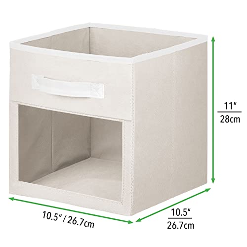 mDesign Fabric Nursery/Playroom Closet Storage Organizer Bin Box with Front Handle/Window for Cube Furniture Shelving Units, Hold Toys, Clothes, Diapers, Bibs, Jane Collection, 4 Pack - Cream/White