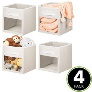 mDesign Fabric Nursery/Playroom Closet Storage Organizer Bin Box with Front Handle/Window for Cube Furniture Shelving Units, Hold Toys, Clothes, Diapers, Bibs, Jane Collection, 4 Pack - Cream/White