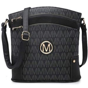 marco m kelly women crossbody purses multi pockets large signature monogram zip shoulder bags ladies pu leather handbag(black)