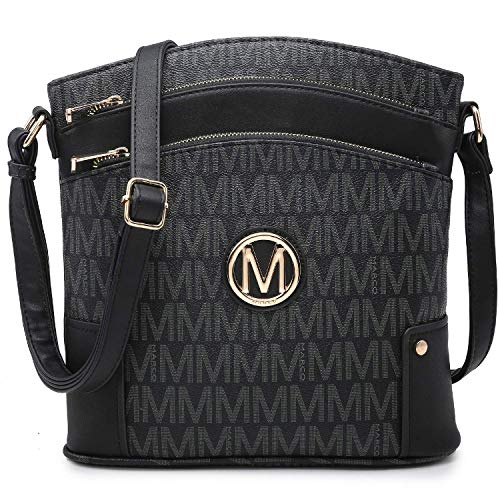 MARCO M KELLY Women Crossbody Purses Multi Pockets Large Signature Monogram Zip Shoulder Bags Ladies PU Leather Handbag(Black)