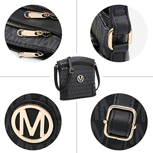 MARCO M KELLY Women Crossbody Purses Multi Pockets Large Signature Monogram Zip Shoulder Bags Ladies PU Leather Handbag(Black)