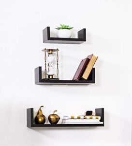 adorn home essentials floating shelves set of 3 with modern u shape and durable design, simple hanging kit included (espresso)