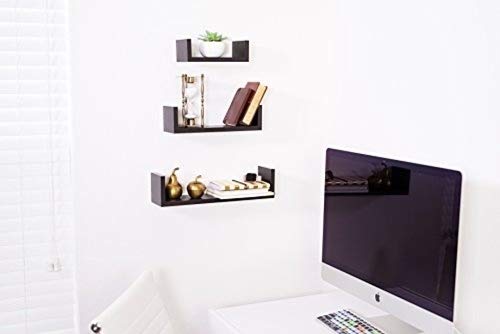 Adorn Home Essentials Floating Shelves Set of 3 with Modern U Shape and Durable Design, Simple Hanging Kit Included (Espresso)