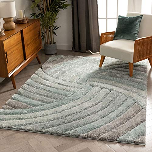 Well Woven Tilly Light Blue Geometric Stripes Thick Soft Plush 3D Textured Shag Area Rug 5x7 (5'3" x 7'3")