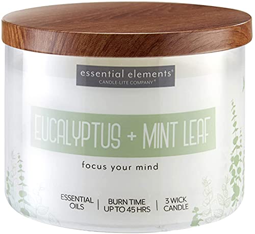 Candle Lite 4472174 Essential Elements 3-Wick Jar Candle, Eucalyptus & Mint Leaf, 14.75-oz. - Quantity 3