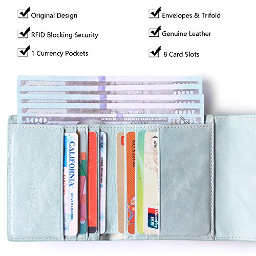 Borgasets Women's RFID Blocking Small Compact Bifold Leather Pocket Wallet Ladies Mini Purse (Ice Blue)