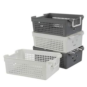 doryh stackable plastic storage baskets/bins organizer with handles, set of 4 (white, grey)