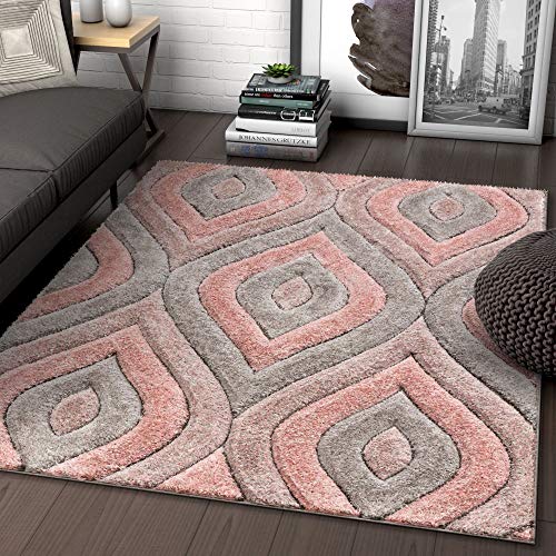 Well Woven Moira Pink Geometric Trellis Thick Soft Plush 3D Textured Shag Area Rug 8x10 (7'10" x 9'10")