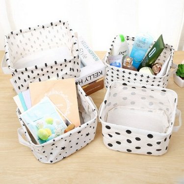 4 Pack Canvas Storage Basket Bins, Home Decor Organizers Bag for Adult Makeup, Baby Toys Liners, Books (4 pack, White & Black)