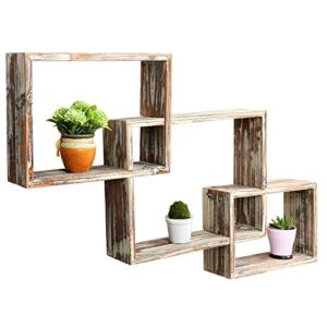 mygift wall mounted torched wood interlocking floating shelves, shadow box display wall shelf, set of 3