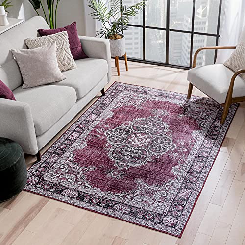 Well Woven Mareva Machine Washable Burgundy Red Vintage Oriental Medallion Area Rug (3'9" x 5'7")