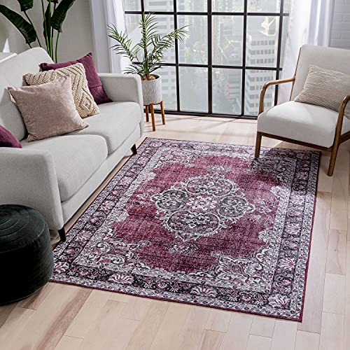 Well Woven Mareva Machine Washable Burgundy Red Vintage Oriental Medallion Area Rug (3'9" x 5'7")