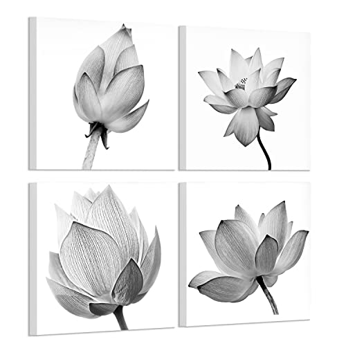 VVOVV Wall Decor - 4 Panels Flowers Artwork Black and White Elegant Floral Canvas Art Print Blooming Lotus Picture Framed Water Lily Wall Art Painting Home Decor for Bedroom