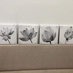 VVOVV Wall Decor - 4 Panels Flowers Artwork Black and White Elegant Floral Canvas Art Print Blooming Lotus Picture Framed Water Lily Wall Art Painting Home Decor for Bedroom