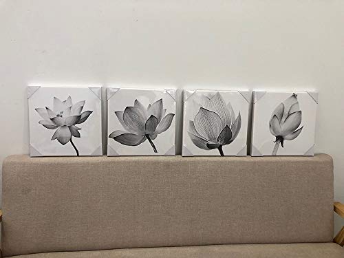 VVOVV Wall Decor - 4 Panels Flowers Artwork Black and White Elegant Floral Canvas Art Print Blooming Lotus Picture Framed Water Lily Wall Art Painting Home Decor for Bedroom