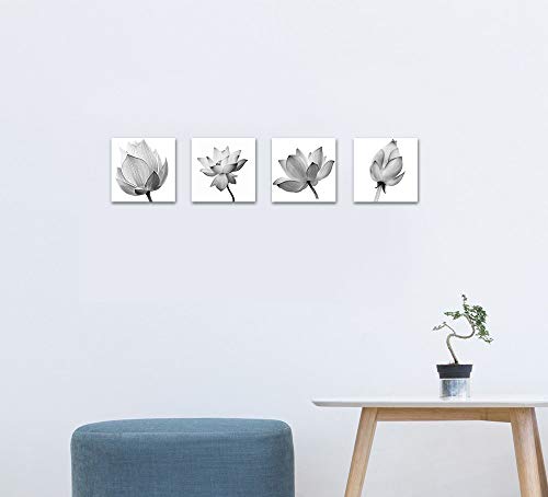 VVOVV Wall Decor - 4 Panels Flowers Artwork Black and White Elegant Floral Canvas Art Print Blooming Lotus Picture Framed Water Lily Wall Art Painting Home Decor for Bedroom