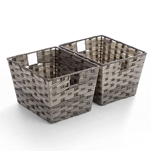 BINO 2 Pack Woven Resin Basket Organizer - Shelf Organizer with Built-in Carry Handles, Medium - Light Grey