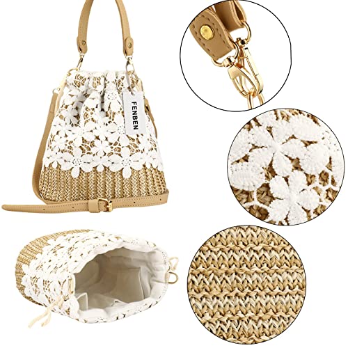 FENBEN Bamboo Handbag, Beach Purse Half Moon Bag, Straw Lace Woven Travel Sling Bag Shoulder Crossbody Bag for Women, Beige, One Size