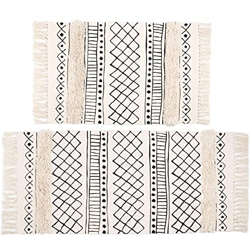 SHACOS Tufted Cotton Area Rugs Set of 2 Woven Cotton Rug Runner Set with Tassels Washable Boho Farmhouse Throw Rug for Kitchen Bathroom Bedroom Laundry Room (2x3'+2x4'4", Tufted Geometric)