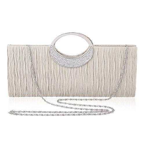 HOOLUCK Women's Rhinestone Satin Pleated Evening Bag Crystal Clutch Purse with Silver Chain Strap Champagne