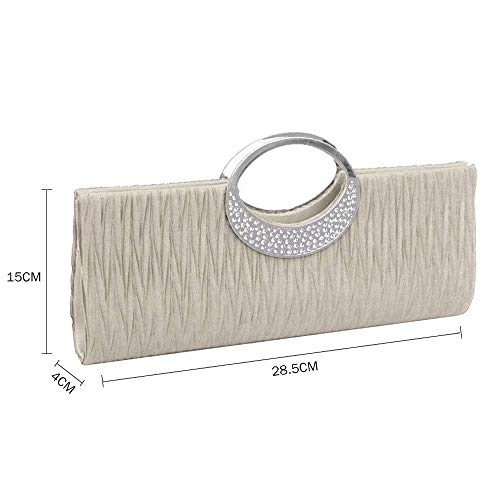 HOOLUCK Women's Rhinestone Satin Pleated Evening Bag Crystal Clutch Purse with Silver Chain Strap Champagne