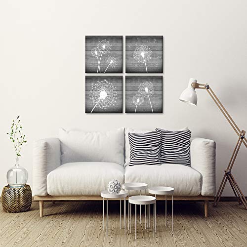 sechars 4 Piece Flower Wall Art White and Grey Dandelion Picture Canvas Painting with Wood Frame Modern Floral Canvas Artwork for Bedroom Bathroom Wall Decorations (12x12inchesx4pcs)