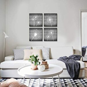 sechars 4 Piece Flower Wall Art White and Grey Dandelion Picture Canvas Painting with Wood Frame Modern Floral Canvas Artwork for Bedroom Bathroom Wall Decorations (12x12inchesx4pcs)