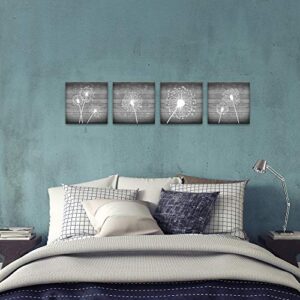 sechars 4 Piece Flower Wall Art White and Grey Dandelion Picture Canvas Painting with Wood Frame Modern Floral Canvas Artwork for Bedroom Bathroom Wall Decorations (12x12inchesx4pcs)