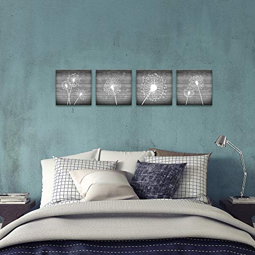 sechars 4 Piece Flower Wall Art White and Grey Dandelion Picture Canvas Painting with Wood Frame Modern Floral Canvas Artwork for Bedroom Bathroom Wall Decorations (12x12inchesx4pcs)