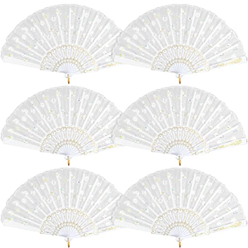 HKACSTHI 6 Packs White Spanish Floral Folding Hand Fan Women Lace Fan Handheld Fans for Wedding and Home Decoration