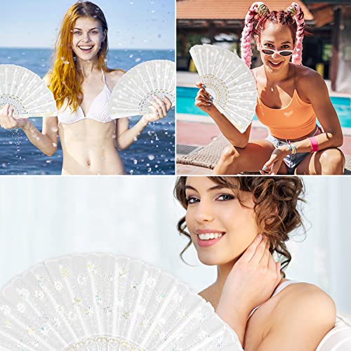 HKACSTHI 6 Packs White Spanish Floral Folding Hand Fan Women Lace Fan Handheld Fans for Wedding and Home Decoration