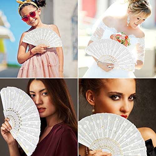 HKACSTHI 6 Packs White Spanish Floral Folding Hand Fan Women Lace Fan Handheld Fans for Wedding and Home Decoration