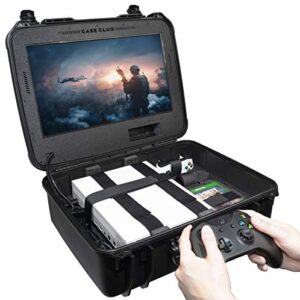 case club waterproof gaming station to fit xbox one x/s. portable gaming station with built-in monitor & storage for controllers & games, gen 2