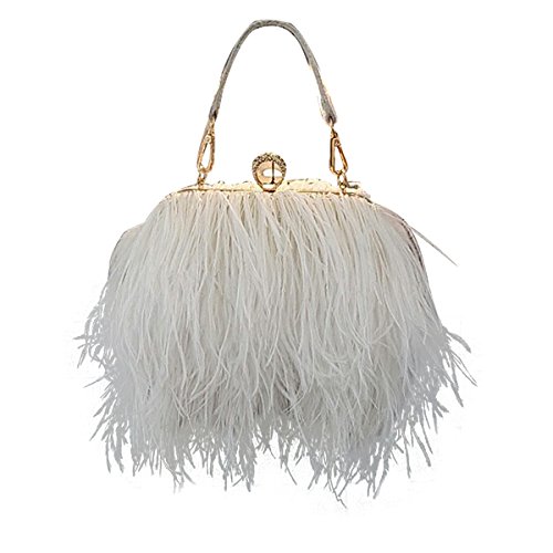 Zakia Real Natural Ostrich Feather Evening Clutch Shoulder Bag Party Bag (A-White)