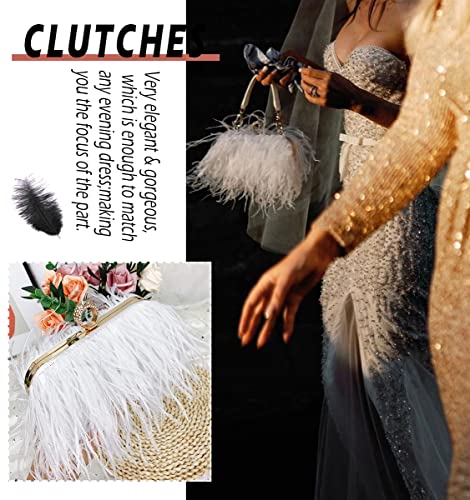 Zakia Real Natural Ostrich Feather Evening Clutch Shoulder Bag Party Bag (A-White)