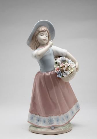 Cosmos 10390 Girl with Flower Basket and Cat Ceramic Figurine, 8-1/8-Inch