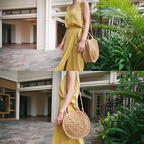 Teeya Straw Crossbody Bag Women Weave Shoulder Bag Round Summer Beach Purse and Handbags, Khaki, Medium